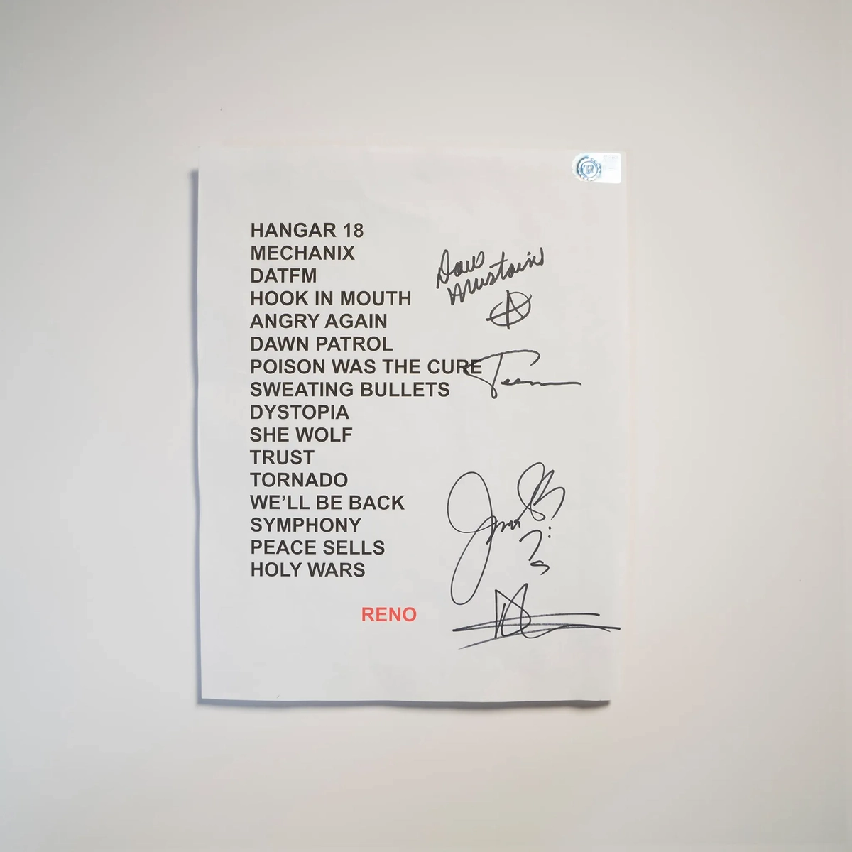 Megadeth Signed Reno Set List