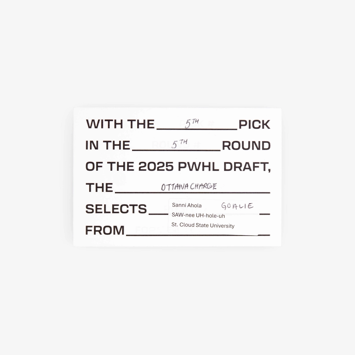 2025 PWHL Draft 37th Overall Selection Card (Sanni Ahola)