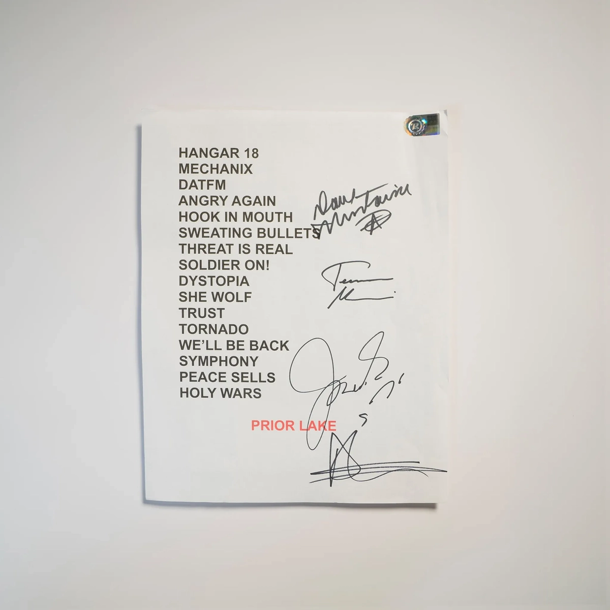 Megadeth Signed Prior Lake Set List